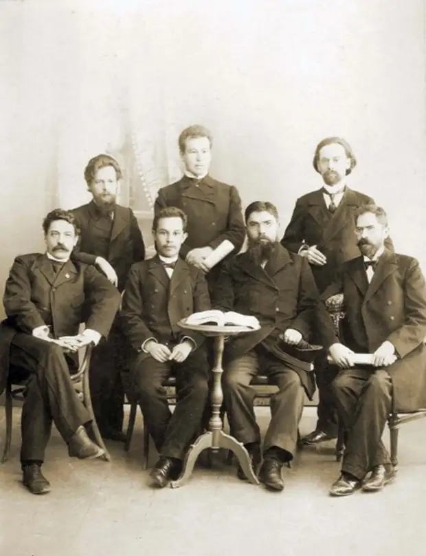 Pavel Bazhov (standing on the left in the photo) with fellow teachers at the school. / Photo :ompural.ru