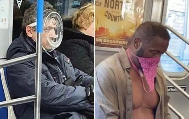 20 U-Bahn-Passagiere, die lächerliche Masken aus Höschen, Eimer, Wegerich und anderen unangemessenen Dingen tragen