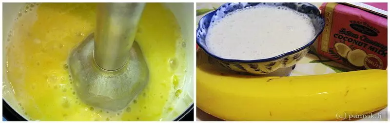 Lassi este un delicios indian făcut din banane și lapte de cocos (o pungă în fotografie) și din nou, totul cu un mixer