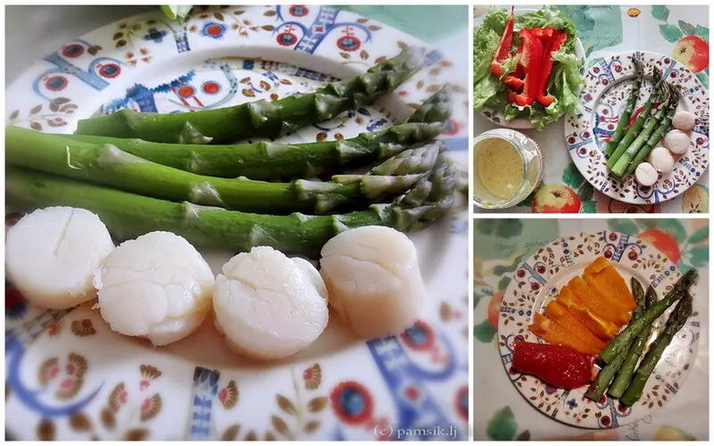 Para sa isang pagbabago - pagkaing-dagat: asparagus na may scallops. Gumawa ako ng sarsa (sa isang garapon) tulad ng mayonesa sa aking sarili at napakabilis: langis ng oliba, lemon juice, isang kutsarang puno ng mustasa, isang sariwang itlog at sampal gamit ang isang panghalo