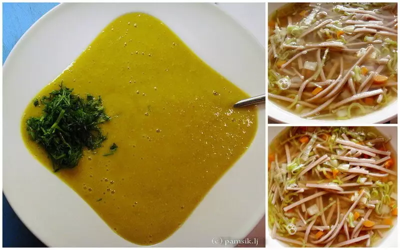 Nasa larawan sa kanan ang isang sopas na may Japanese soba noodles. Sa kaliwa ay puro pumpkin puree soup. Sa totoo lang, hindi ko gusto ang mga cream na sopas - bigyan, bigyan ako ng borscht! - Kinailangan kong pagtagumpayan ang aking sarili. Ang tanging exception ay mais at kamote, ang huli ay mmm lang ang sarap. * recipe sa kahilingan))