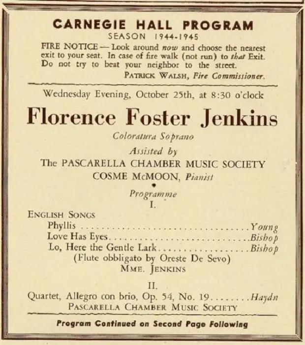 Афиша на изпълнението на Флорънс Фостър Дженкинс през 1944 г. в Карнеги Хол. | Снимка: thevintagenews.com.