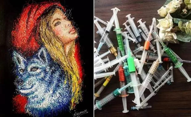 "Arte de injeção": uma menina cria pinturas usando seringas em vez de um pincel