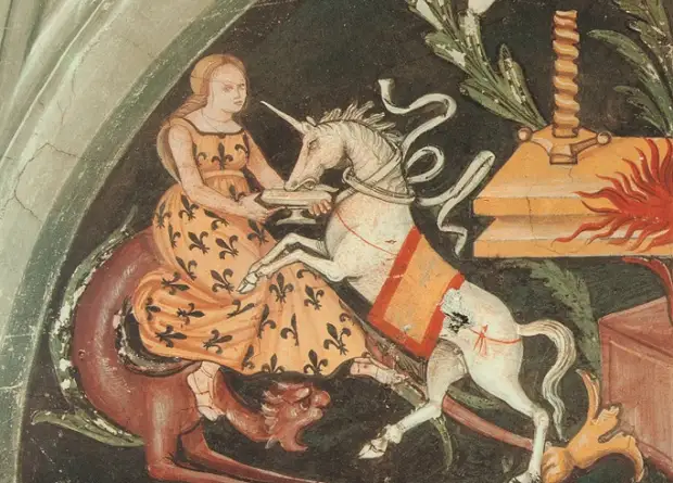 Obinrin pẹlu kan unicorn. Fresco Studiolo of Giulia Farnese, Italy. | Fọto: hyperallergic.com.