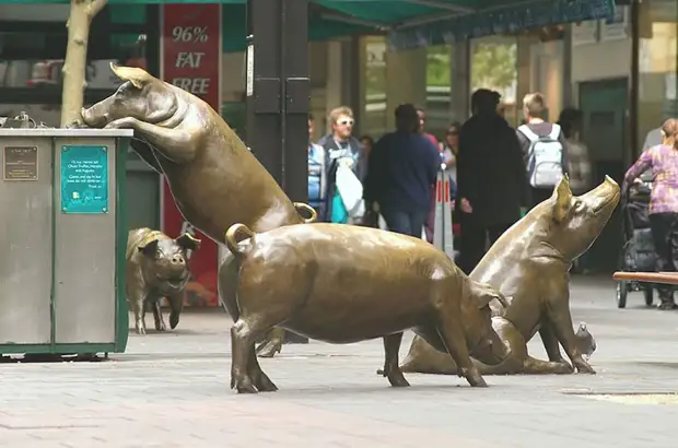 V okviru zaključne faze prenove ulic so v mestnem jedru postavili skulpture prašičev.