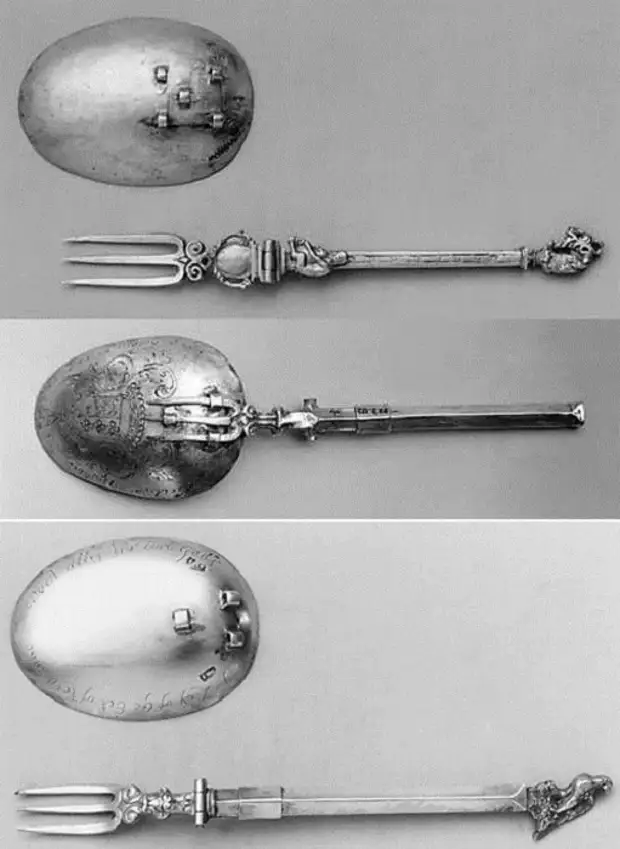Exemplos de garfos do século XVI. Prata, cristal de roca, gravado, dourado.