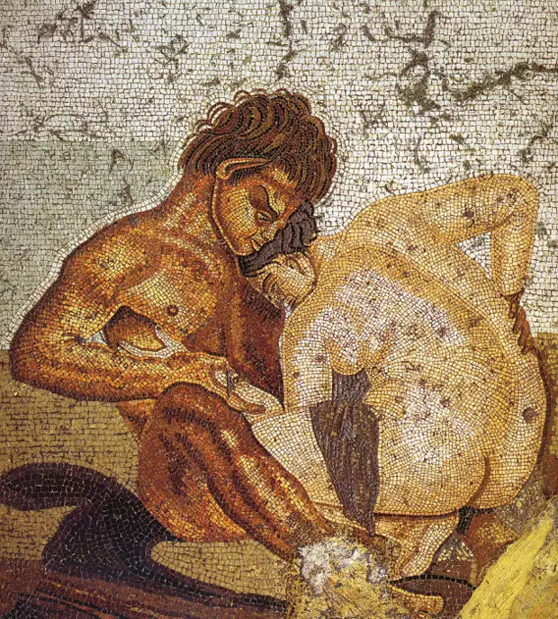 Satyr thiab nymph. Mosaic hauv Tsev ntawm Faun, Pompeii. | Yees duab: commons.wikimedia.org.