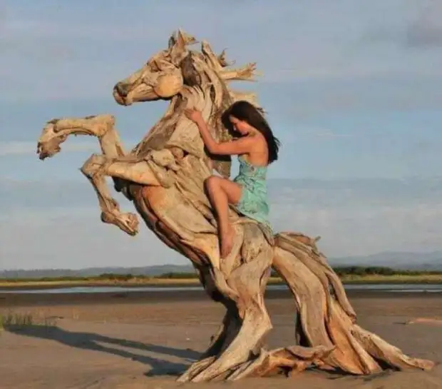 Úžasné sochy vyrobené z kúskov dreva nájdených na pláži