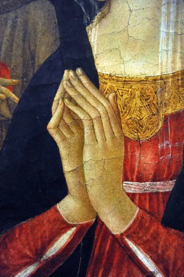 弗朗切斯科·迪·乔治·马蒂尼 (Francesco di Giorgio Martini)、麦当娜和孩子 (Madonna and Child) 的画作片段，圣彼得堡。杰罗姆，圣。帕多瓦的安东尼和两个天使”，1469-72