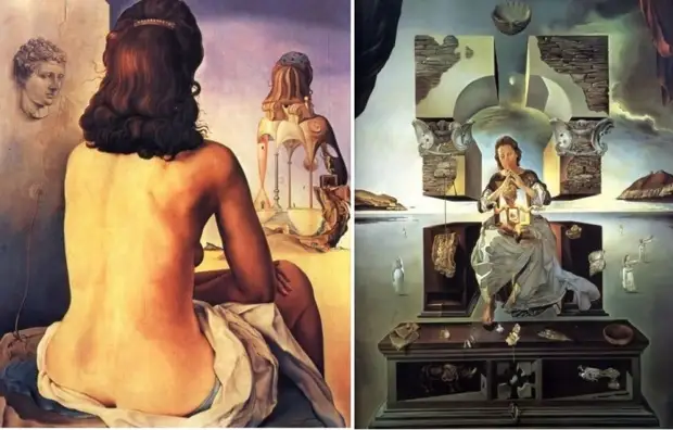 Salvador Dalí. Links - * Mijn vrouw, naakt, kijkt naar haar eigen lichaam *. Rechts - * Madonna van Port Lligata *