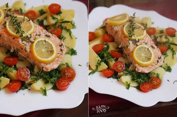 Salmonê steamed li ser pêta kartol