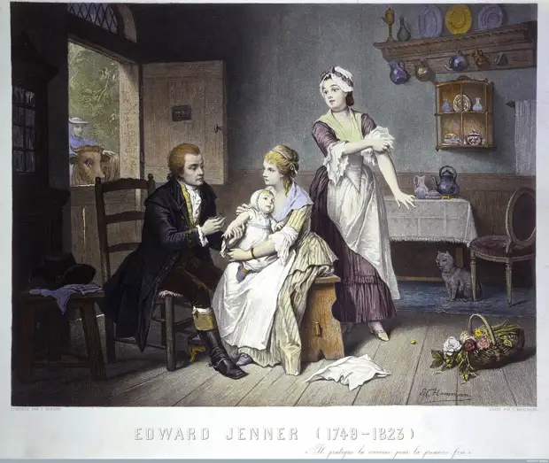 Edward Jenner, vacunando a su pequeño hijo, sostenido por la Sra. Jenn