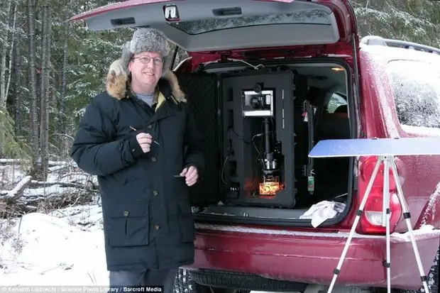 floco de neve, sob o microscópio, professor